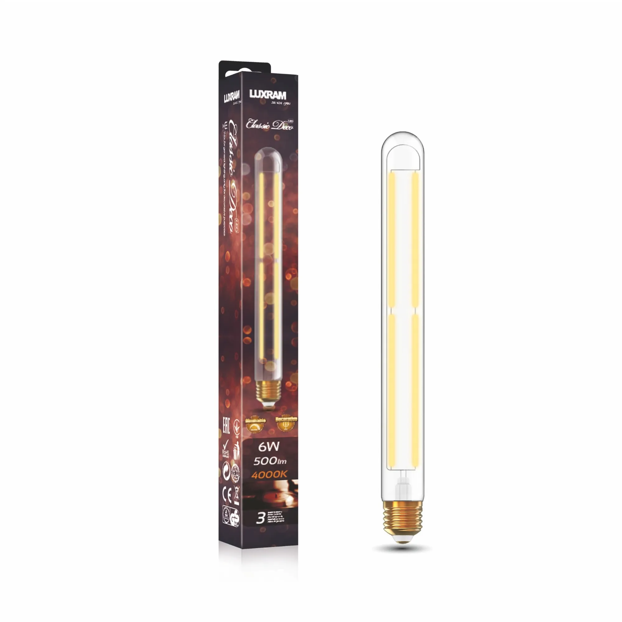 703392262 Classic Deco Luxram Classic Deco LED 280mm Tubular Line E27 Dimmable 6W 4000K 500lm ...